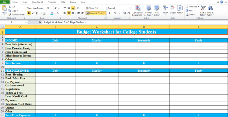 Free Printable Budget Worksheet For College Students (Excel / PDF ...