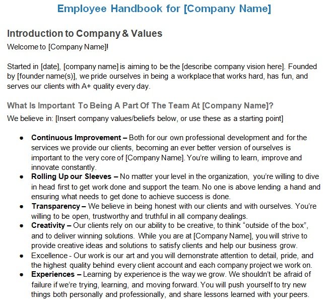 Free Employee Handbook Template Word PDF Excel TMP